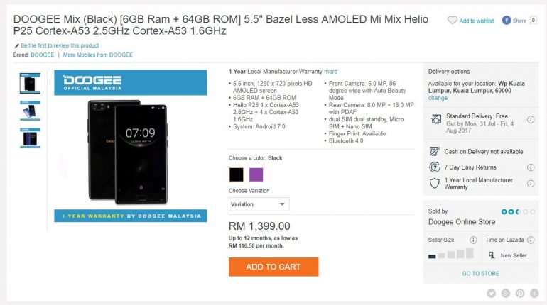 翻版小米Mix开卖了！大马Lazada正式上架Doogee Mix：全面屏+双摄，售RM1399！